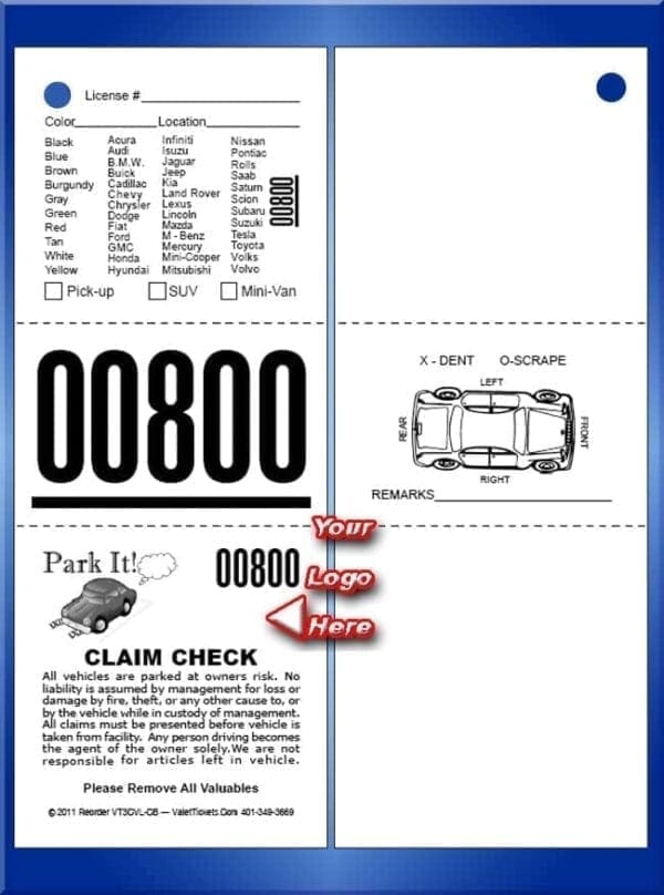 3 part custom printed valet parking tickets - Fast Shipping - Lowest Prices
